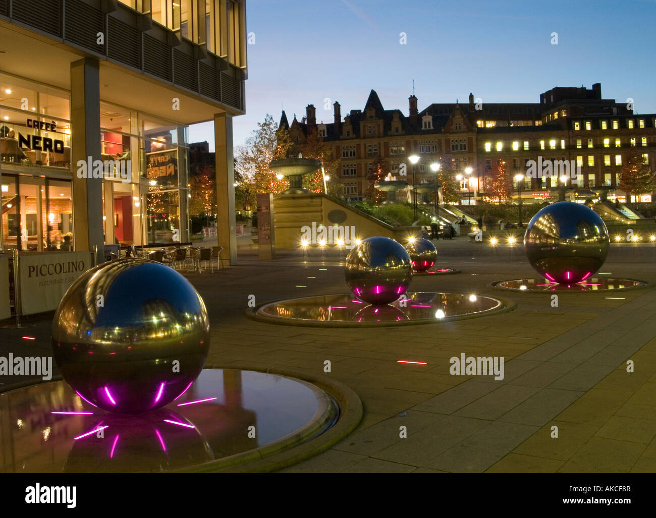 Millenium Square and the Peace Gardens at dusk, with spheres that form ...