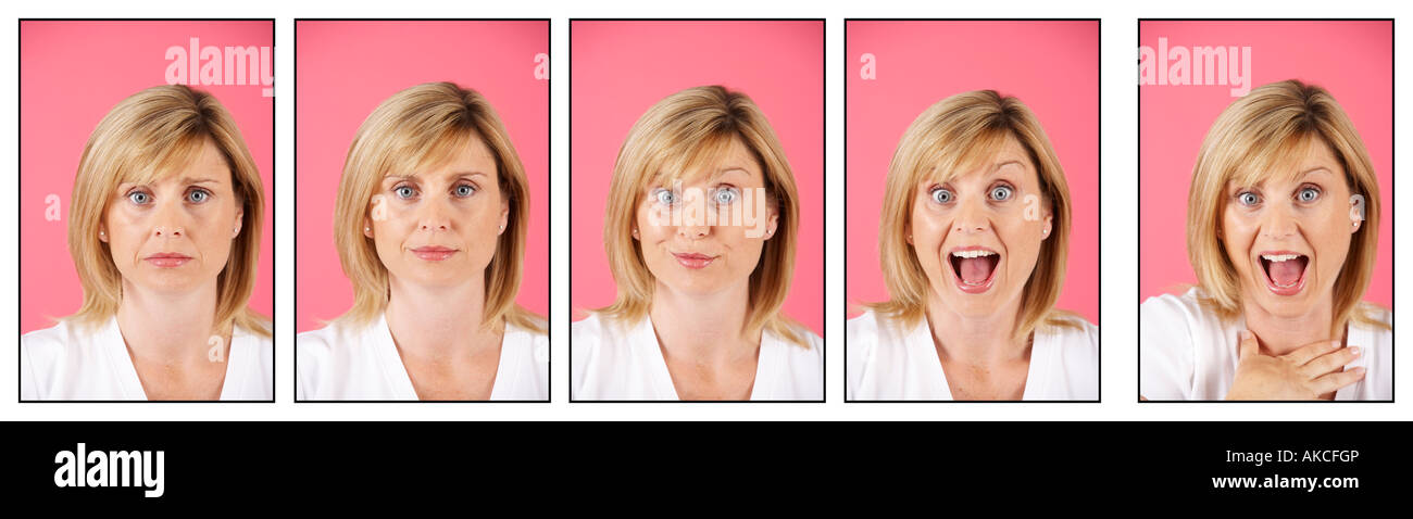 FIVE IMAGE SEQUENCE OF ATTRACTIVE BLOND WOMAN WITH FACIAL EXPRESSION ...