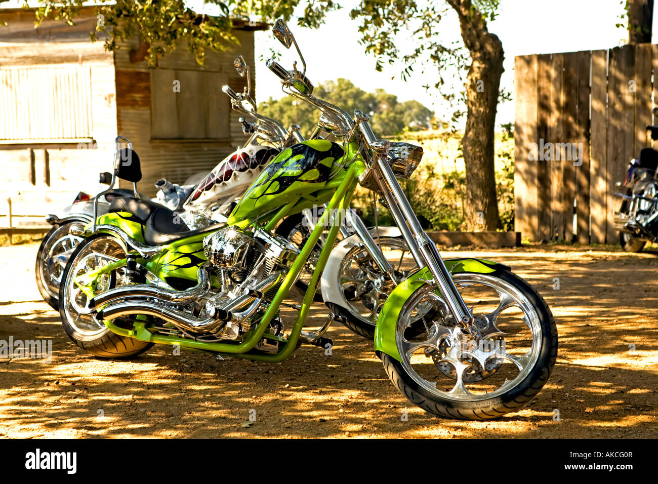 Motorcycles custom choppers parked at Luckenback Texas Stock Photo - Alamy