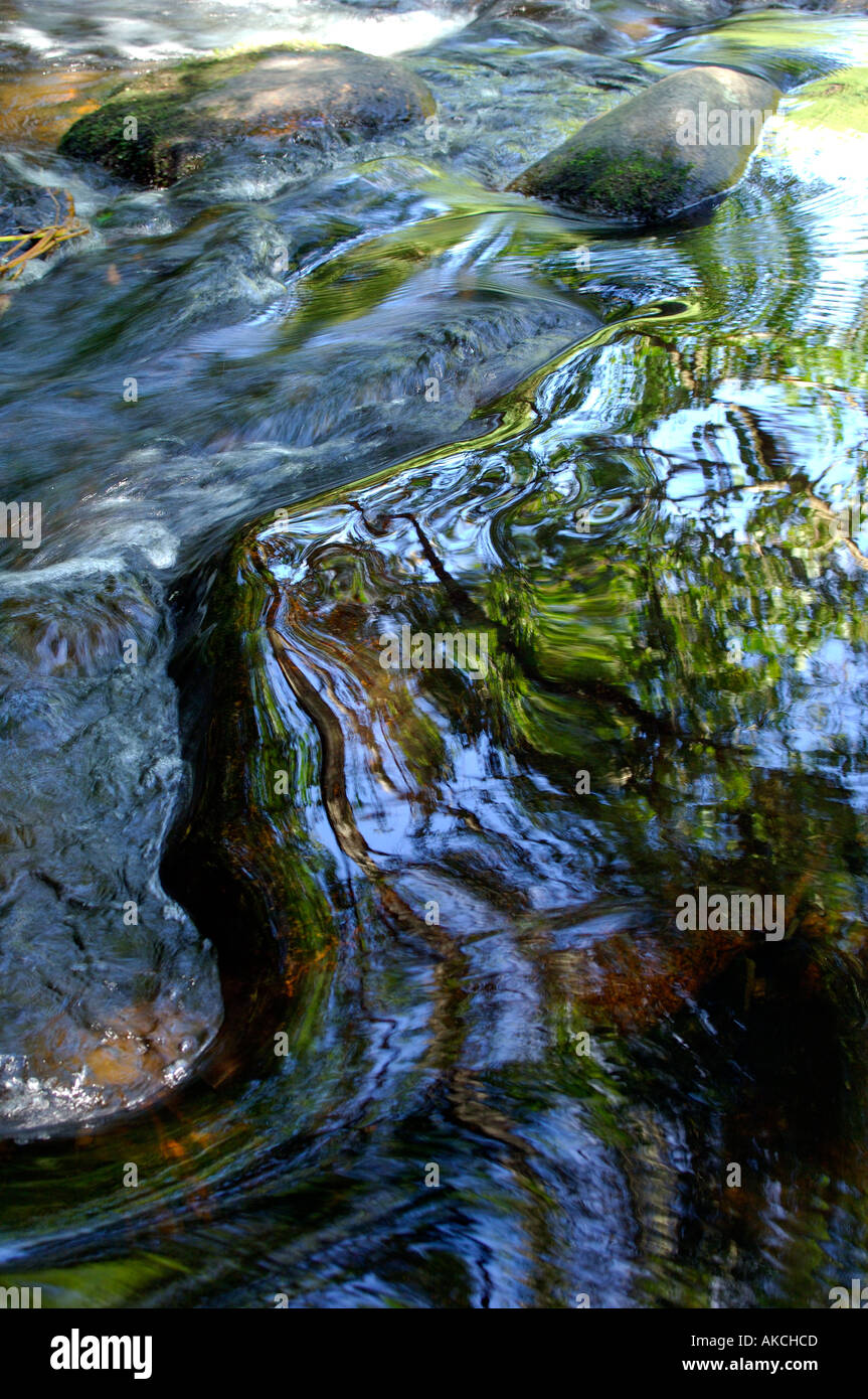River flowing over submerged ridge of rock creating abstract shapes ...