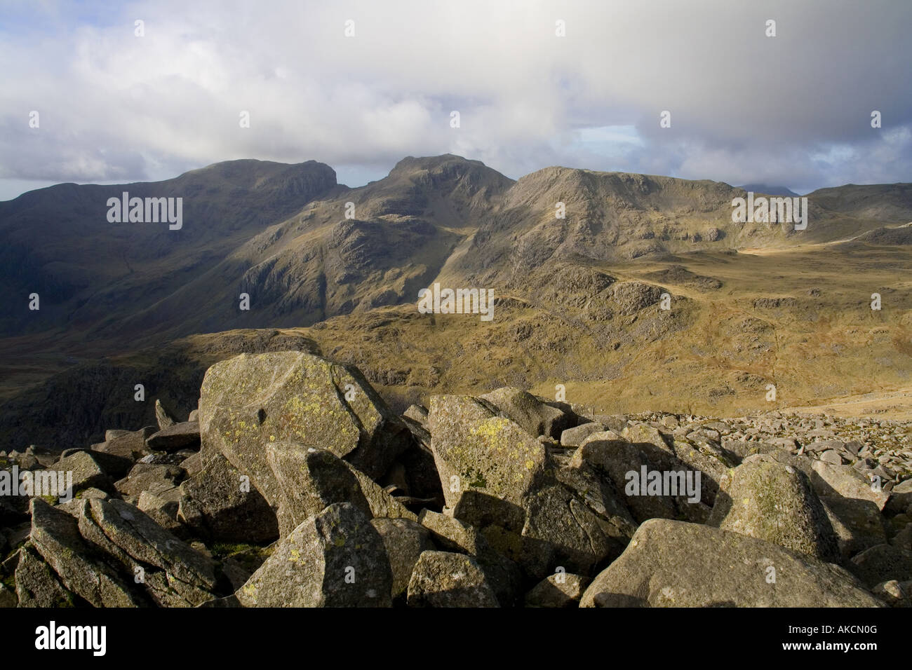 Scafell, Sca Fell Pike and Broad Fell as seen from Bowfell Stock Photo ...
