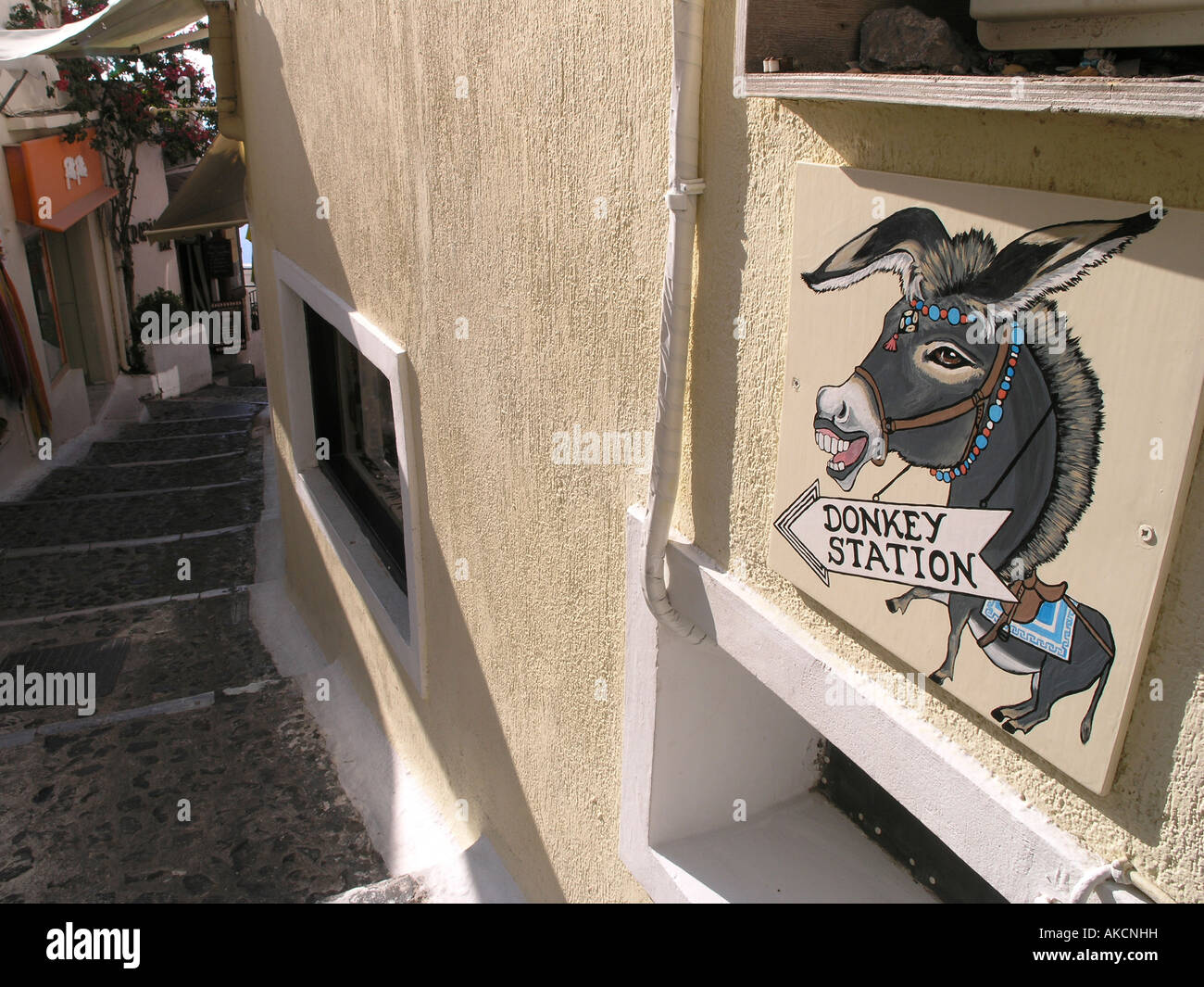 Sign Donkey Station, in Firá or Thira, the capital of Santorini ...