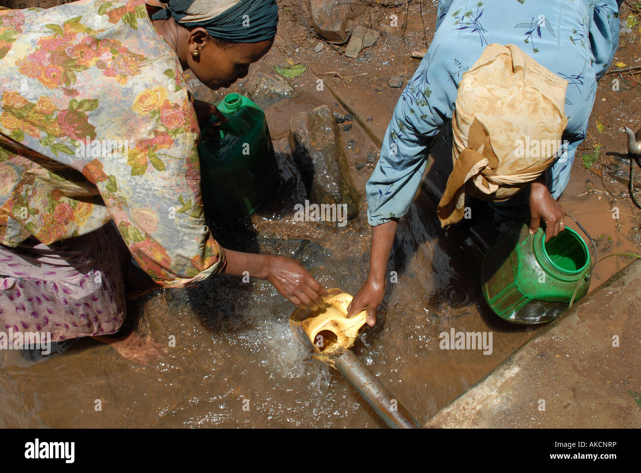 Ethiopian women collect water from a capped water source paid for with ...