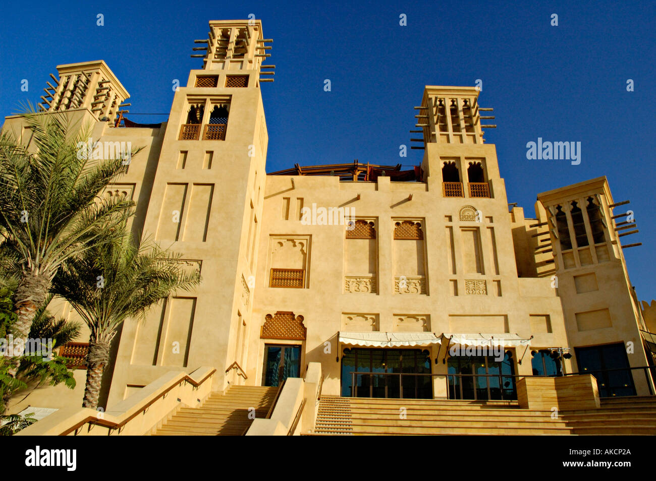 Modern building with wind towers in Madinat Jumairah Dubai UAE Stock ...