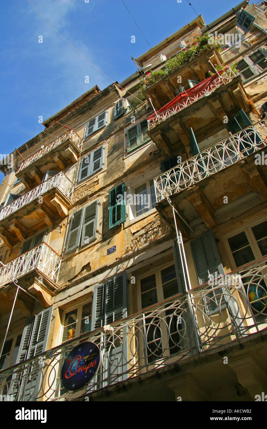 Typical Building with street balconies in old Quarter of Corfu Town ...