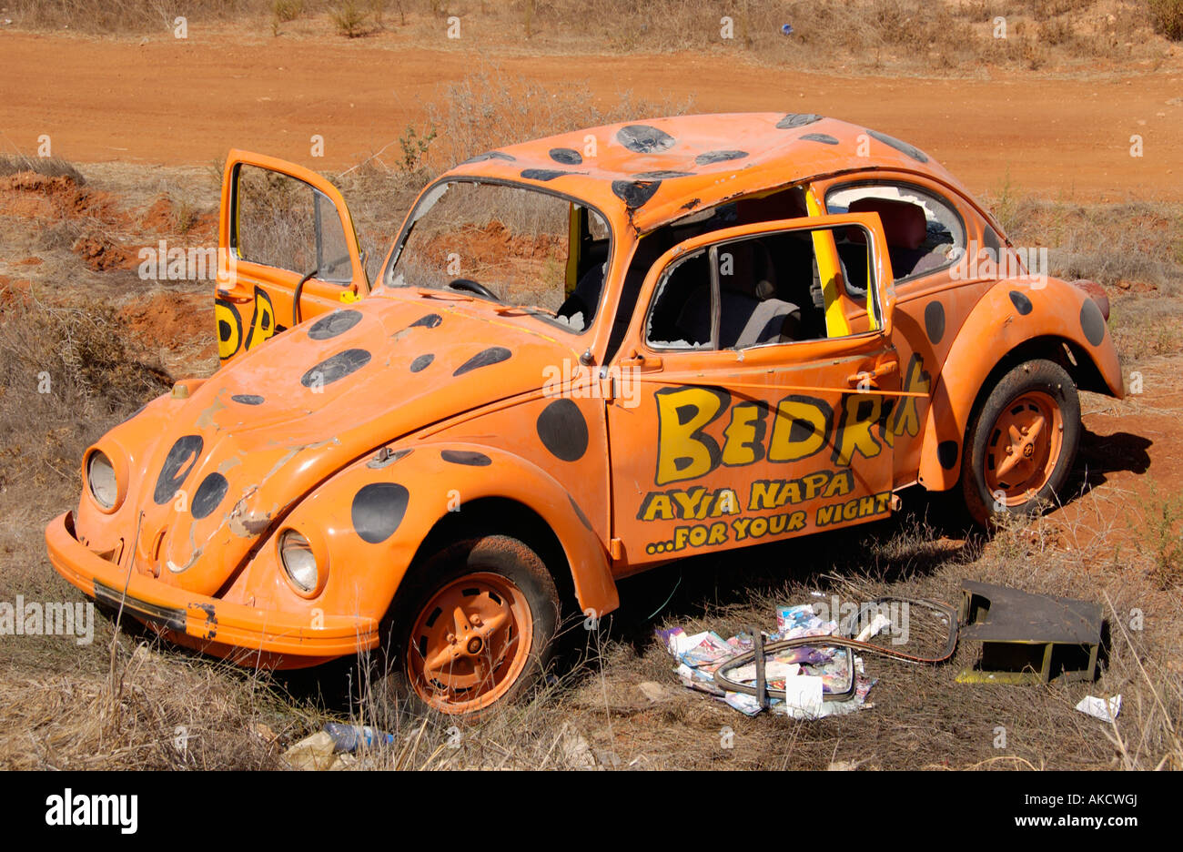 Abandoned VW Beetle car on development site at Ayia Napa Cyprus EU Stock Photo - Alamy