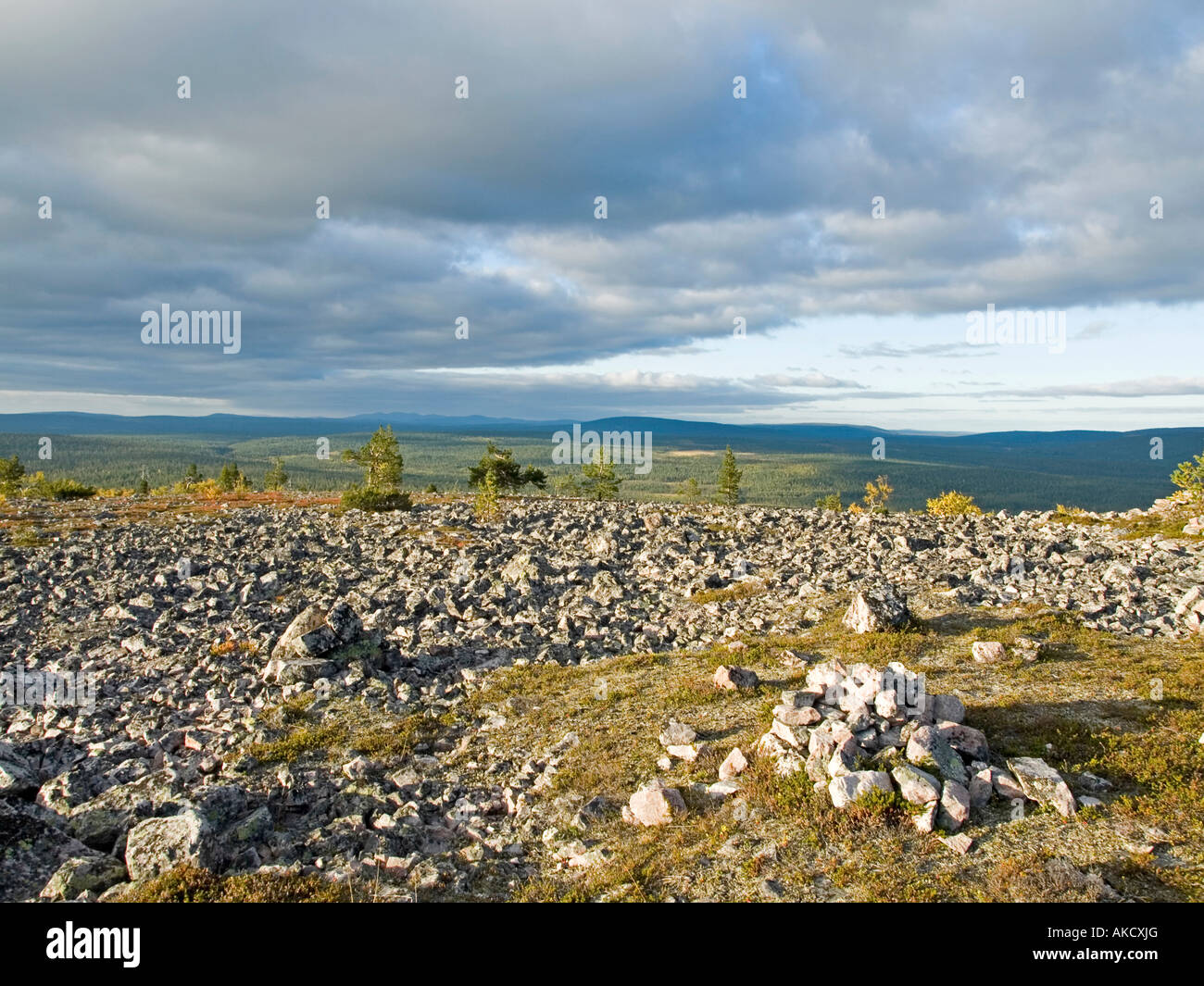 landscape with stony fell mountain autumn colours in Lapland in Pallas ...