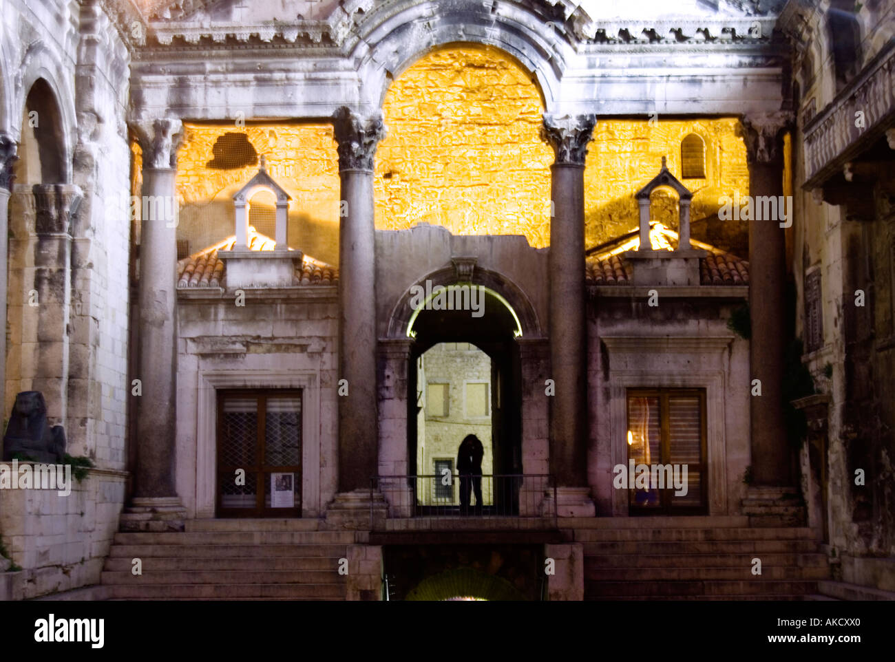 South-East Europe, Croatia, Dalmatia, Illuminated old roman ruins ...