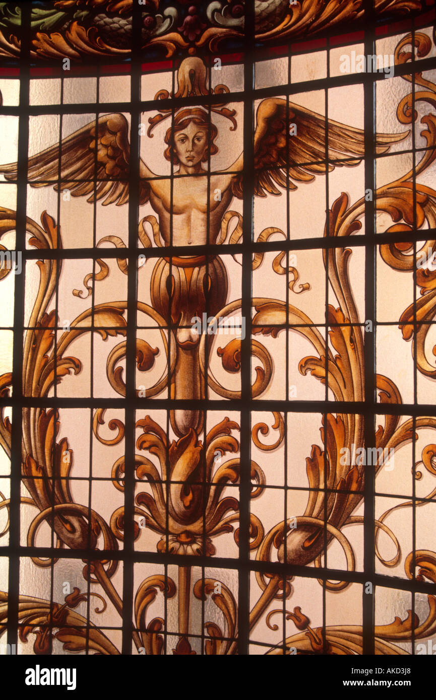 Closeup of stained glass window in staircase Hotel Infante de Sagres ...