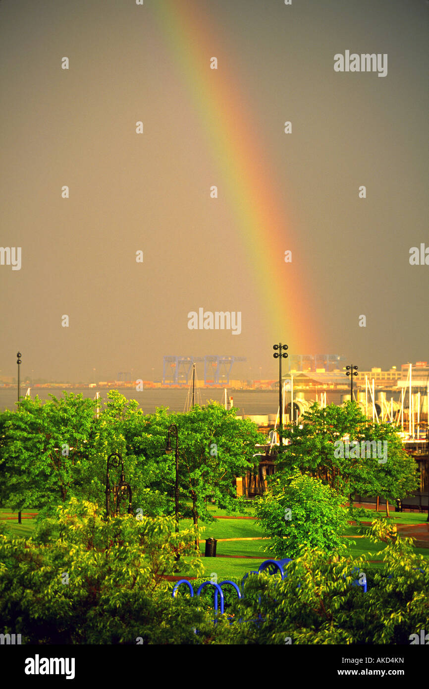 A rainbow forms over Piers Park waterfront East Boston Stock Photo - Alamy
