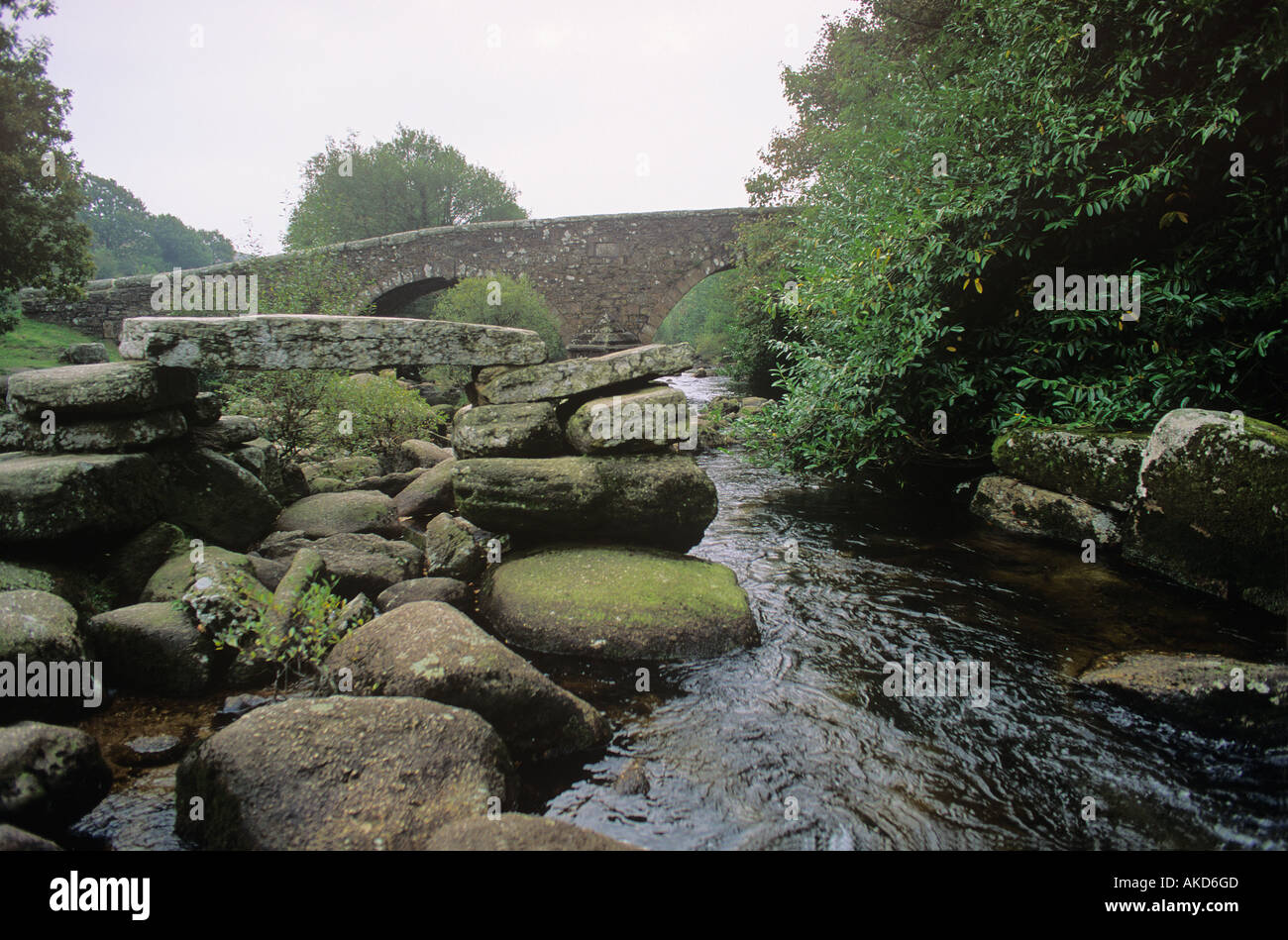 remains of ancient clapper bridge and later stone bridge over the River ...