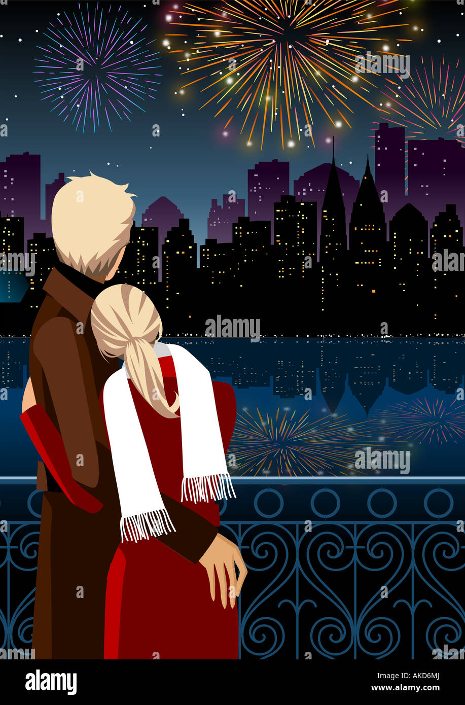 Couple watching firework display at night Stock Photo - Alamy
