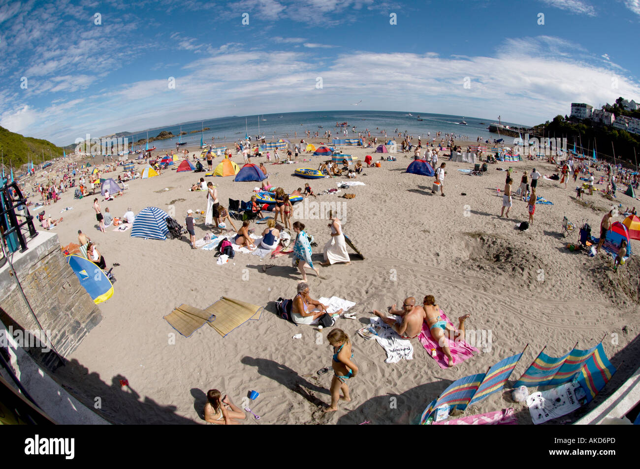 Fisheye lens shot of the beach at East Looe, Cornwall, UK Stock Photo ...