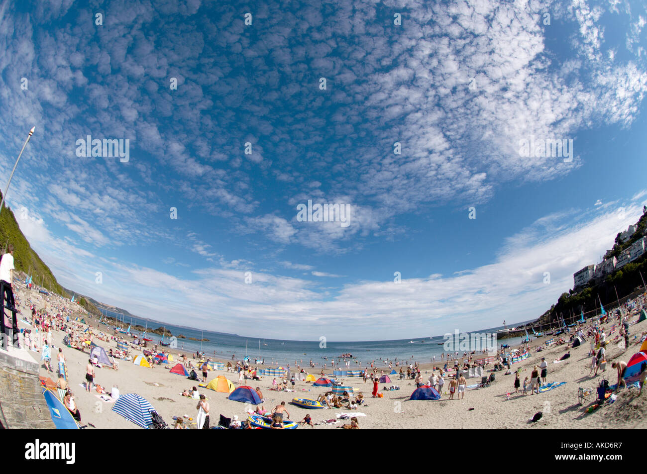 Fisheye lens shot of the beach at East Looe, Cornwall, UK Stock Photo ...