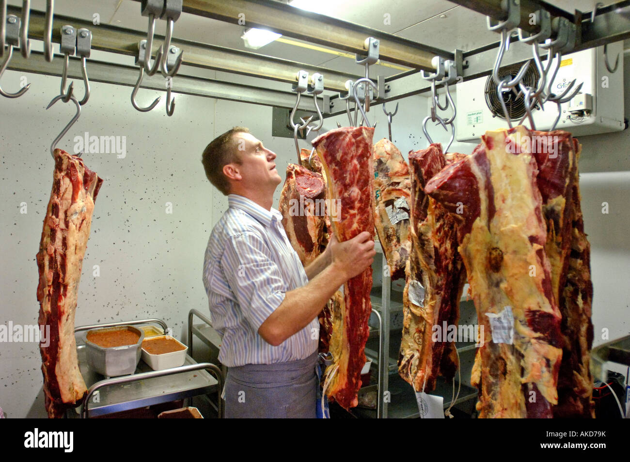 Sides of meat hanging in a cold store Stock Photo - Alamy