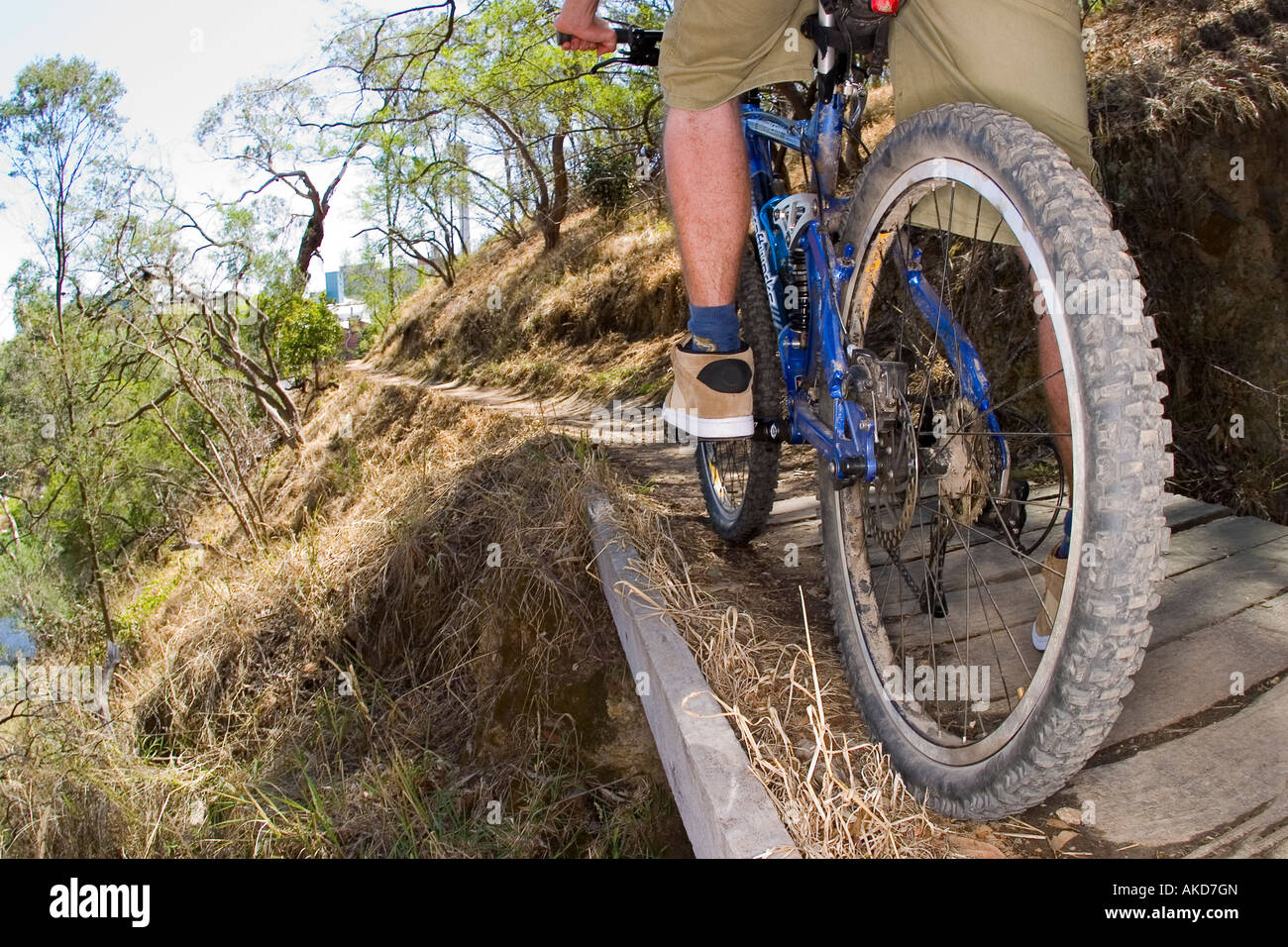 Riding a mountain bike through the bush fast Stock Photo - Alamy