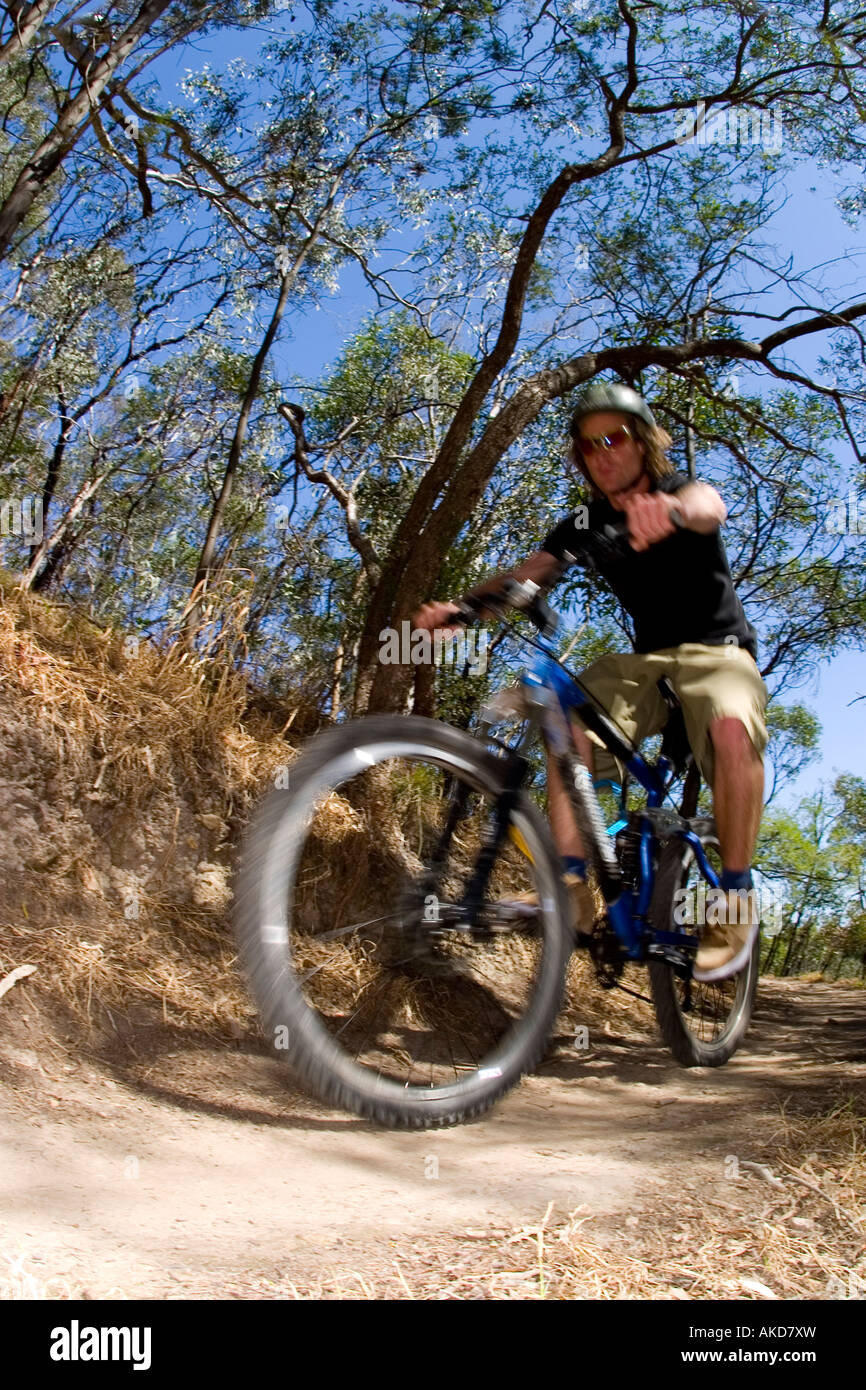 Riding a mountain bike through the bush fast Stock Photo - Alamy