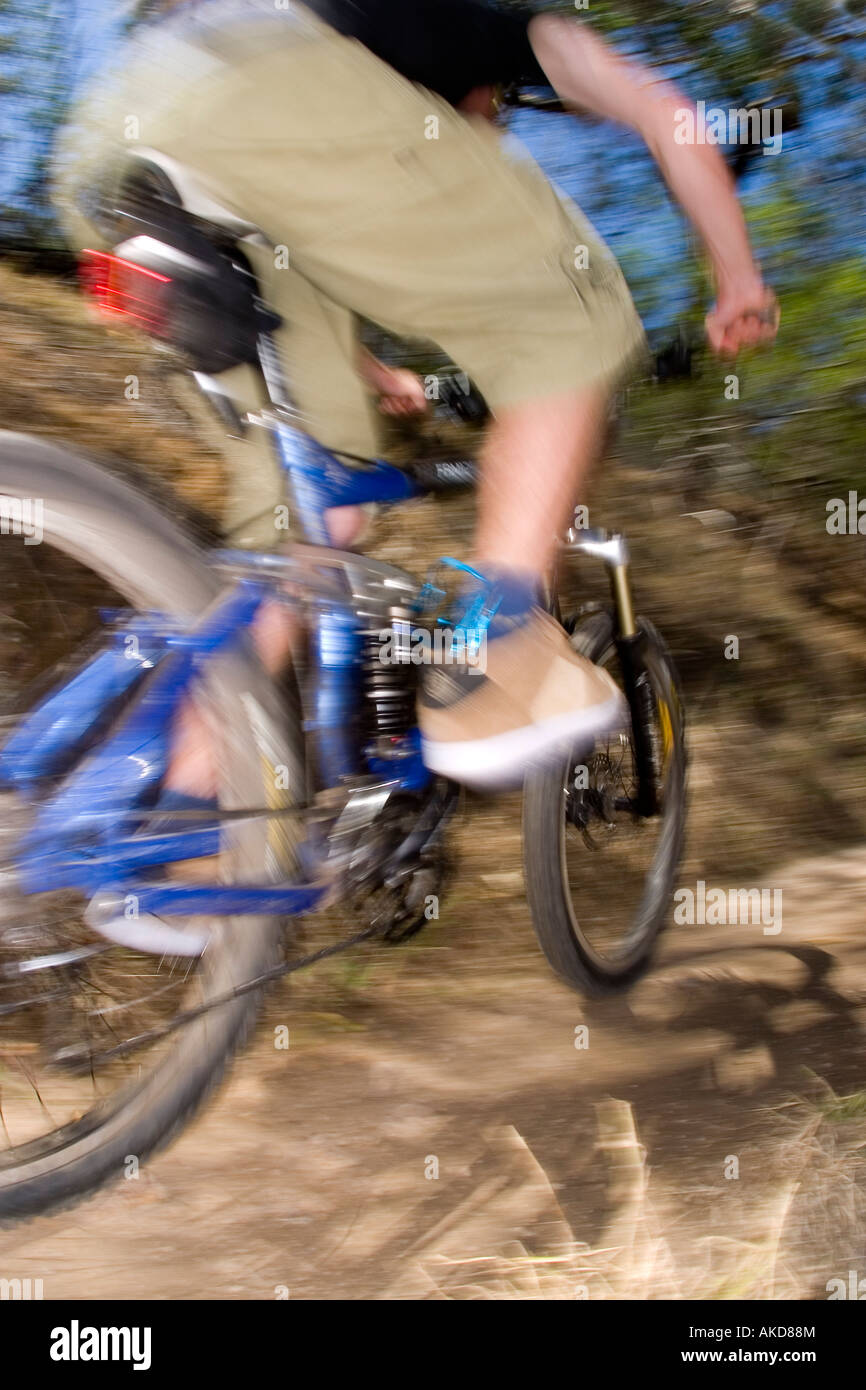 Riding a mountain bike through the bush fast Stock Photo - Alamy