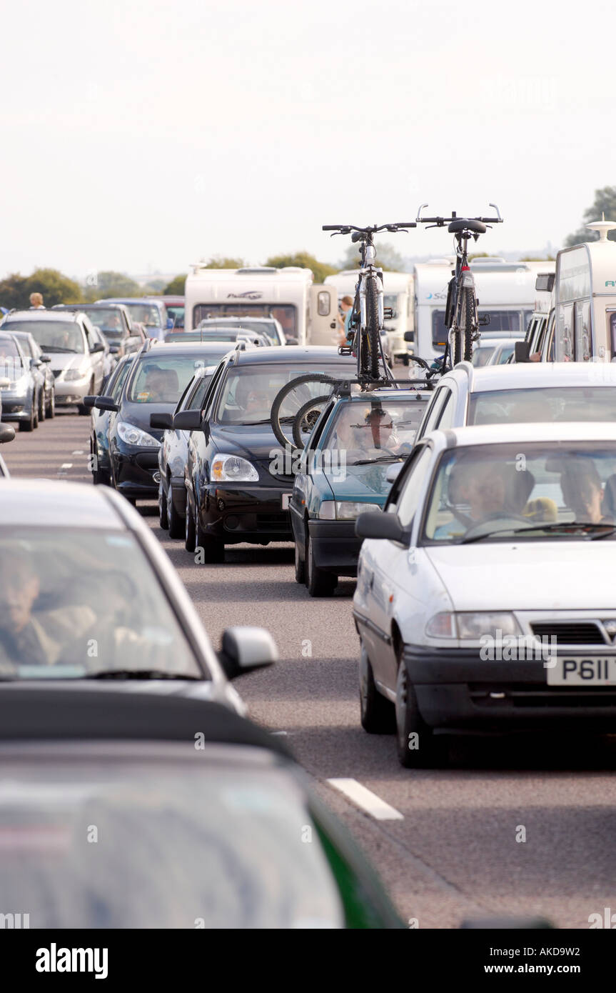 Major traffic jam on M5 motorway on warm overcast summer's day in Devon ...