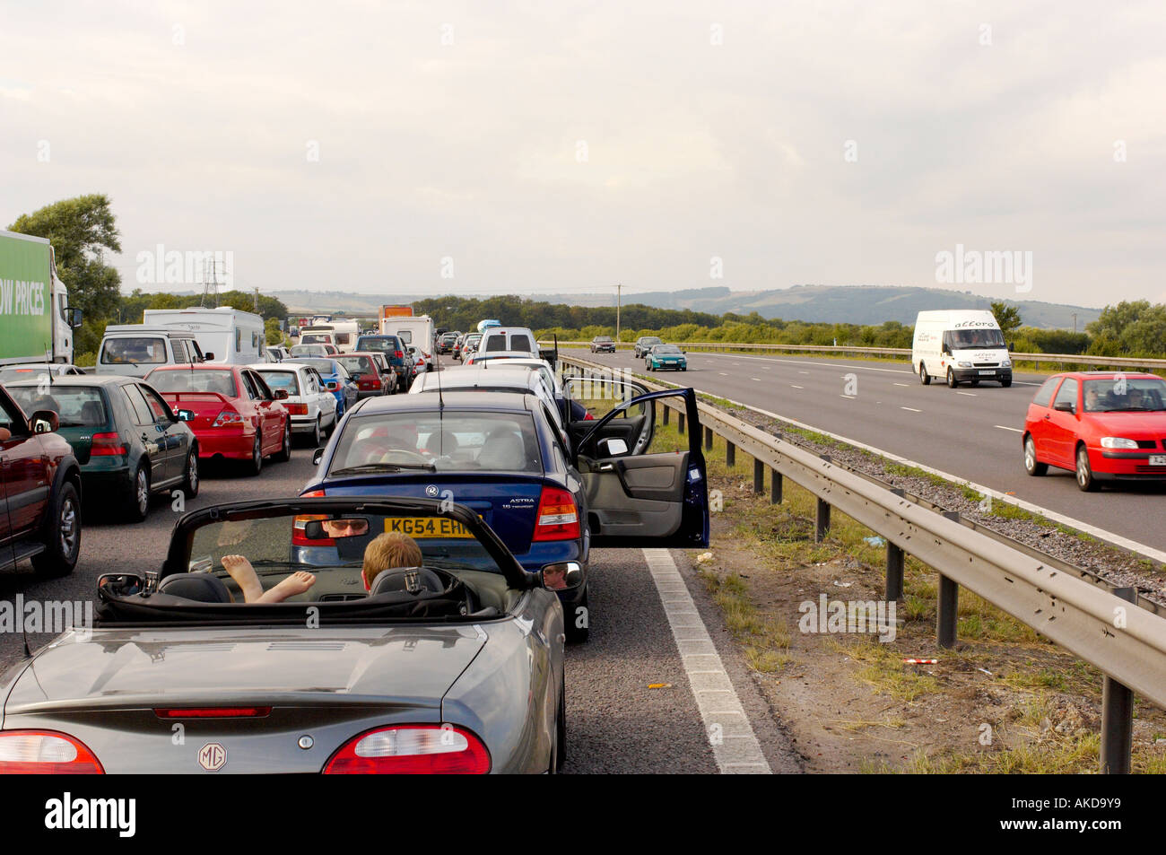 Major traffic jam on M5 motorway as light traffic flows free on the ...