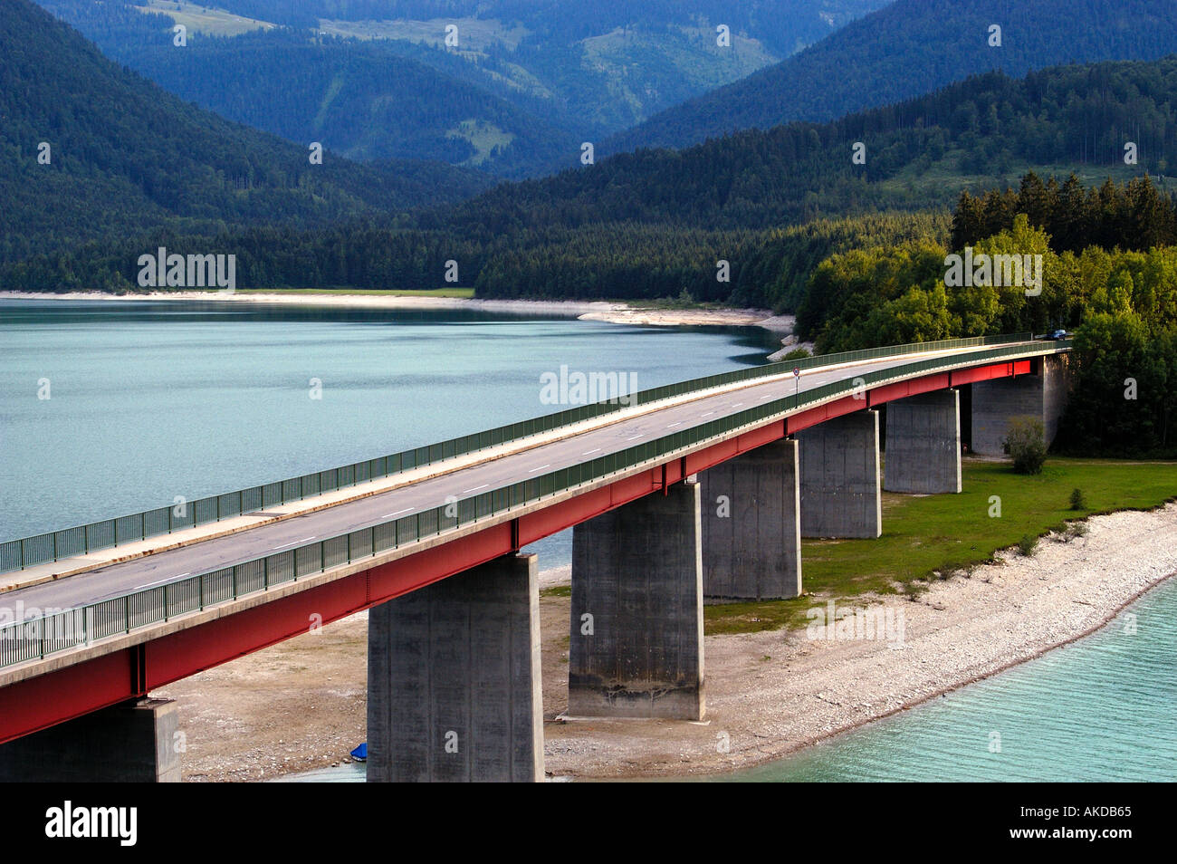 Road bridge over lake Sylvenstein with mountains in the background Alps ...