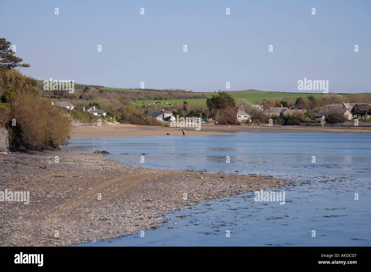 Pebble beach and sea in small inlet with houses by the side of the ...