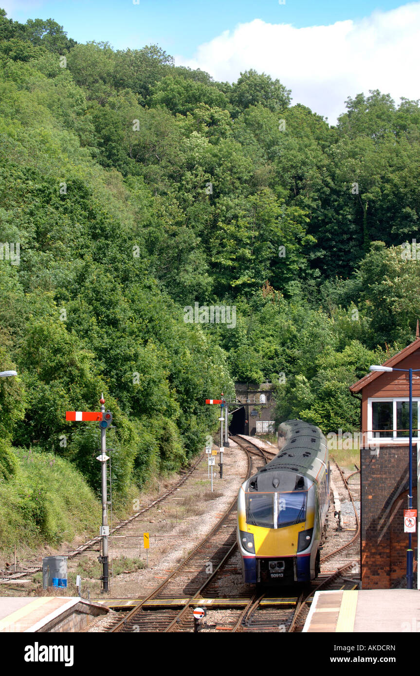 LEDBURY RAILWAY STATION AS A TRAIN EMERGES FROM THE TUNNEL Stock Photo ...