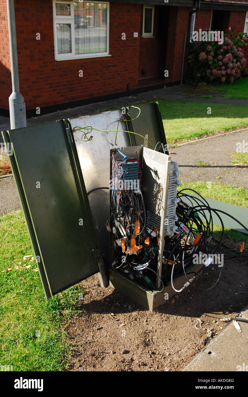Telecommucation connection signal box weather damage Stock Photo - Alamy