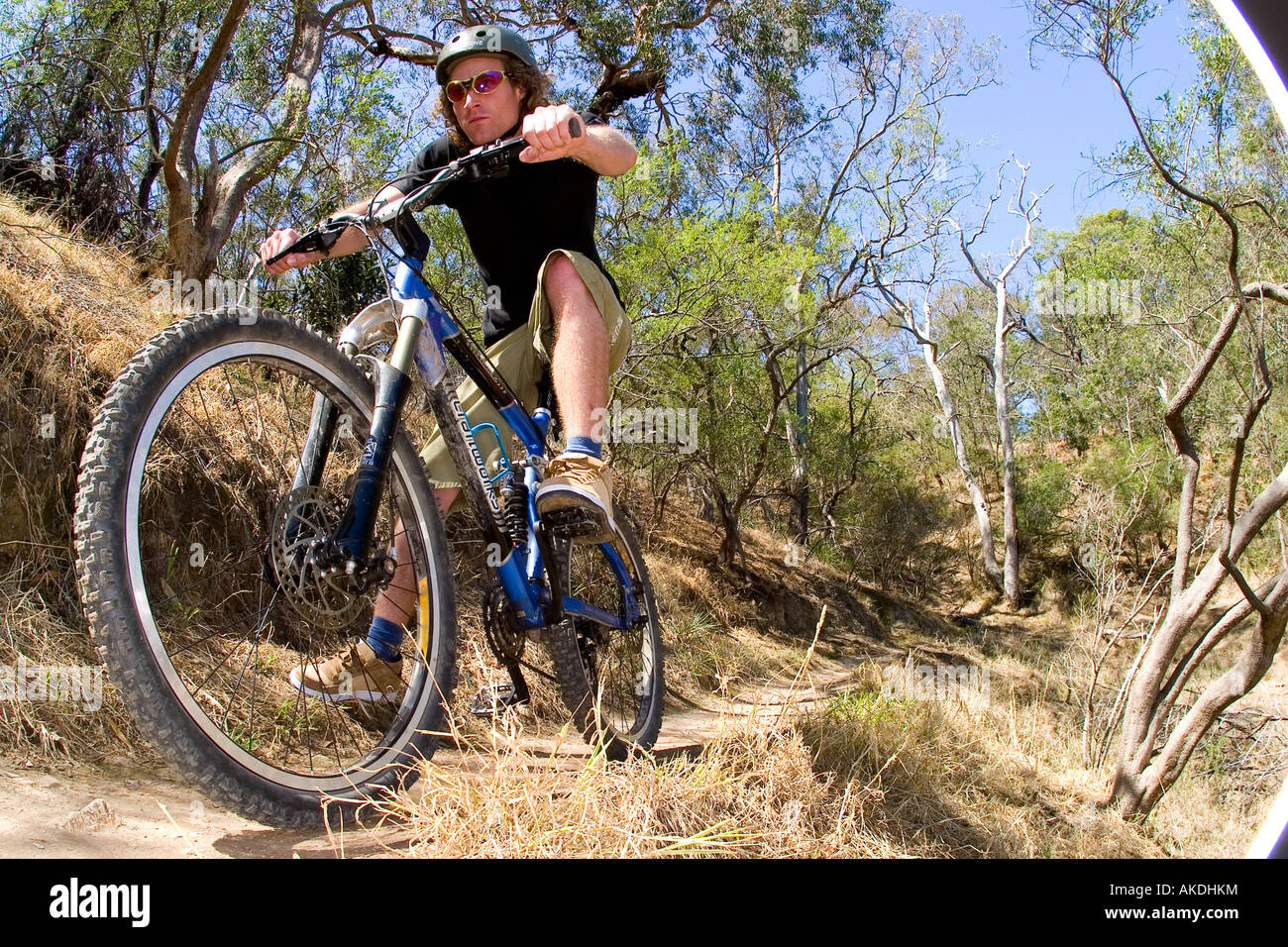 Riding a mountain bike through the bush fast Stock Photo - Alamy