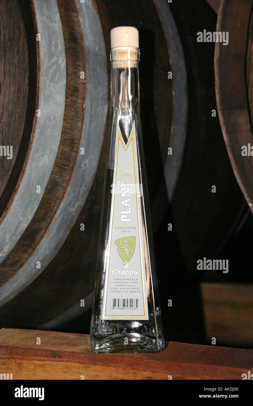 Bottle of Grappa vodka in Plancic winery in Stari Grad on Hvar Island ...