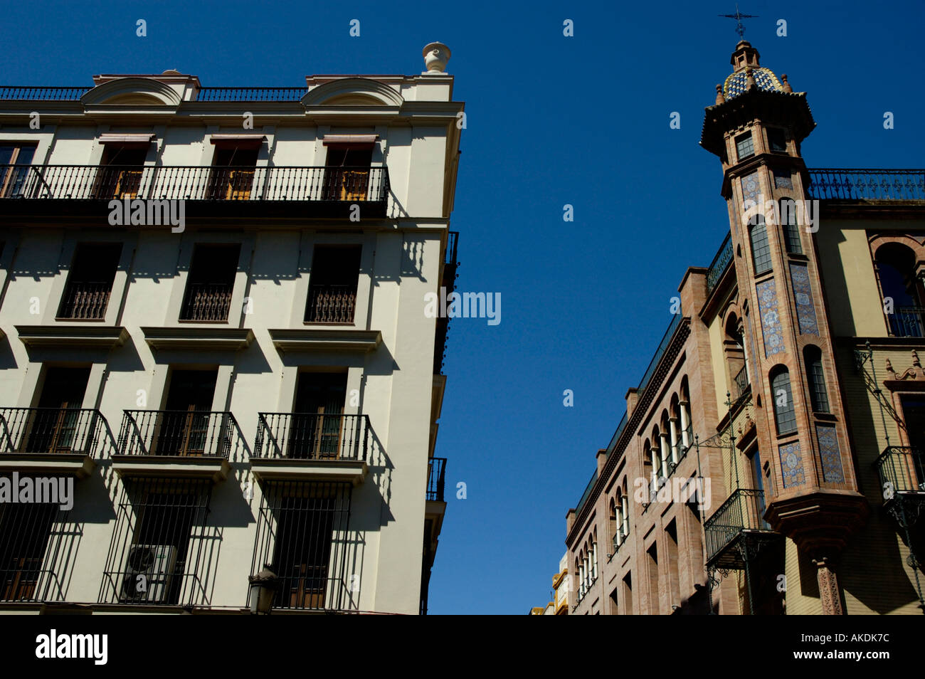 View of traditional and modern building exteriors, Seville, Andalusia ...