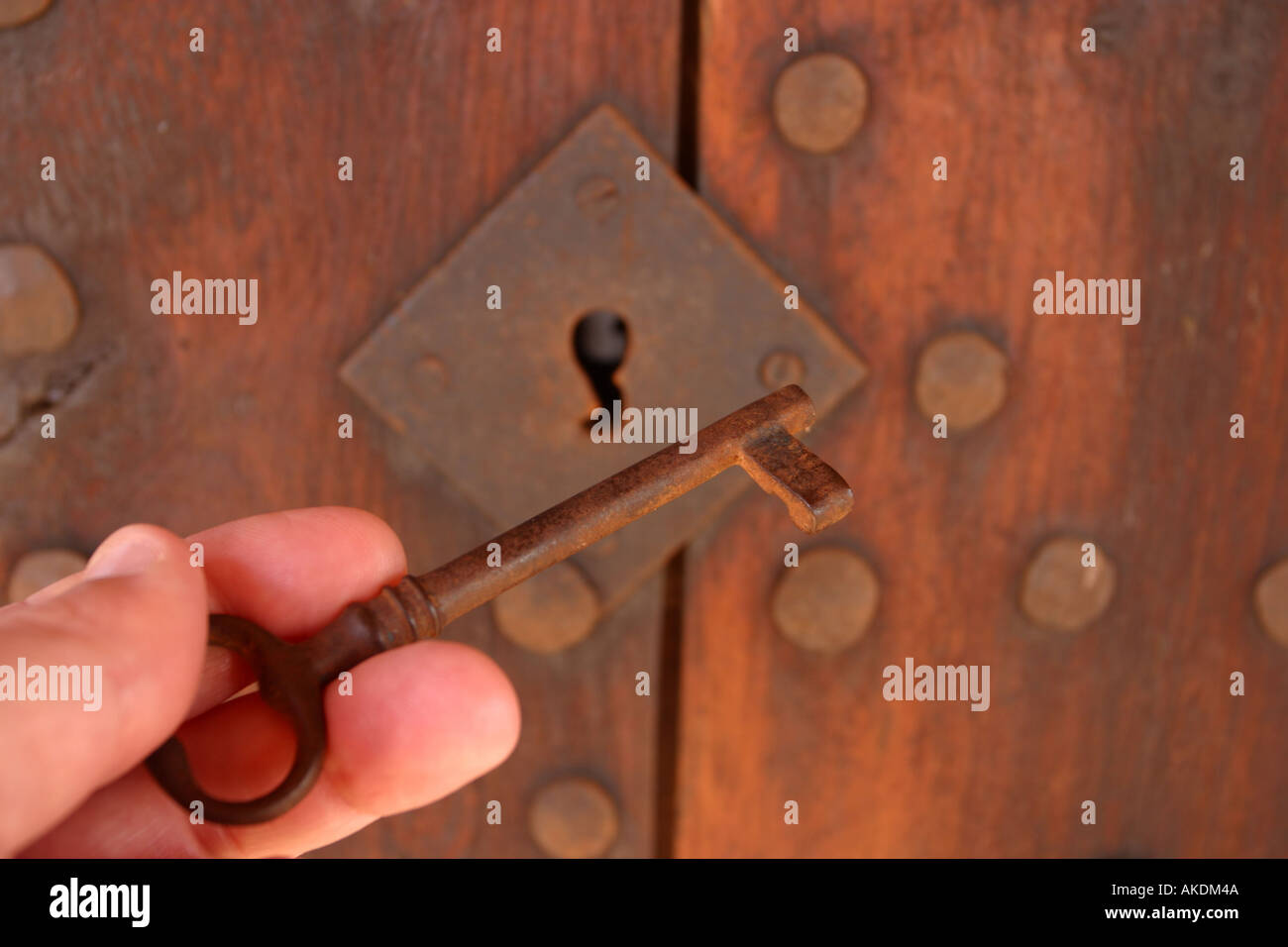 Hand holding an old wooden door lock and key Stock Photo - Alamy