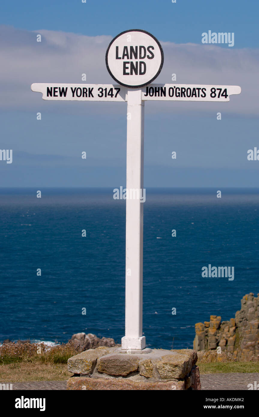 Land's End sign seen with the Atlantic Ocean disappearing into the ...