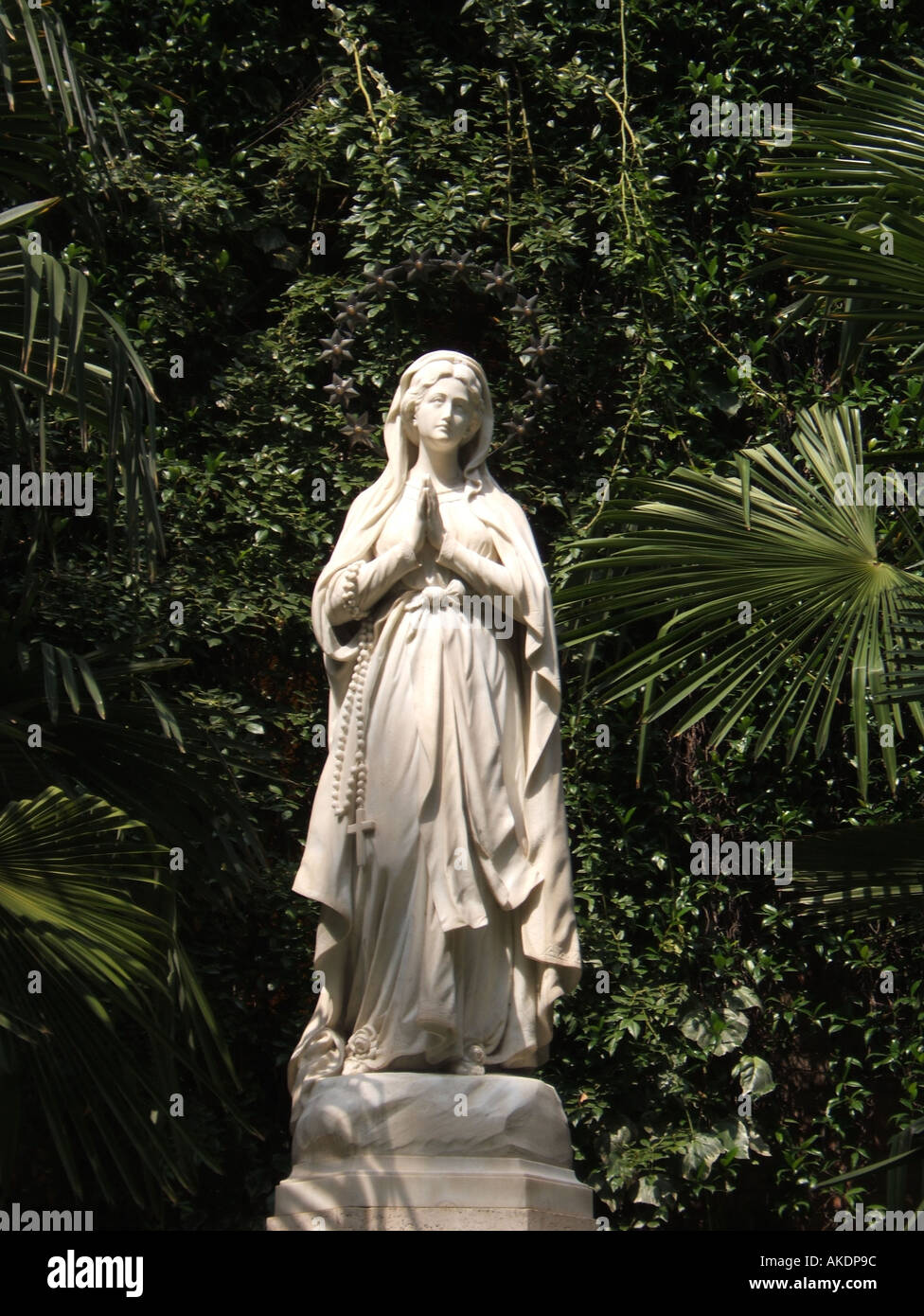 virgin mary statue amongst trees foliage Stock Photo - Alamy