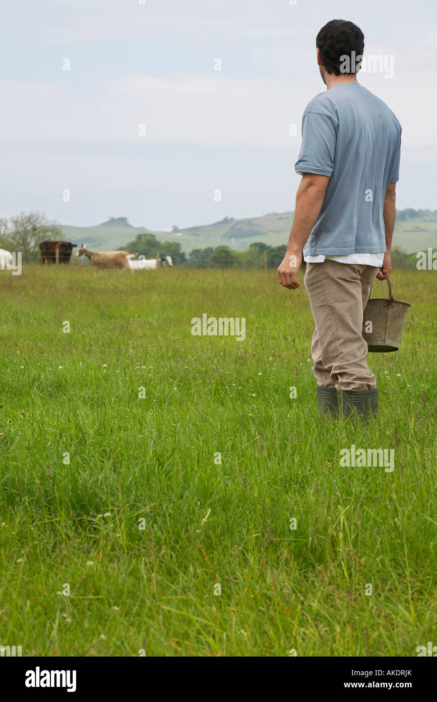 Man holding bucket in field, rear view Stock Photo - Alamy