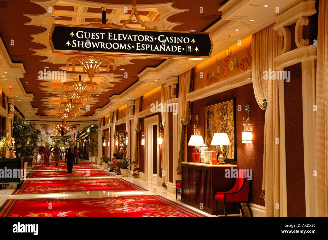 Las Vegas Nevada Wynn Hotel interior hallway going by shops directional ...