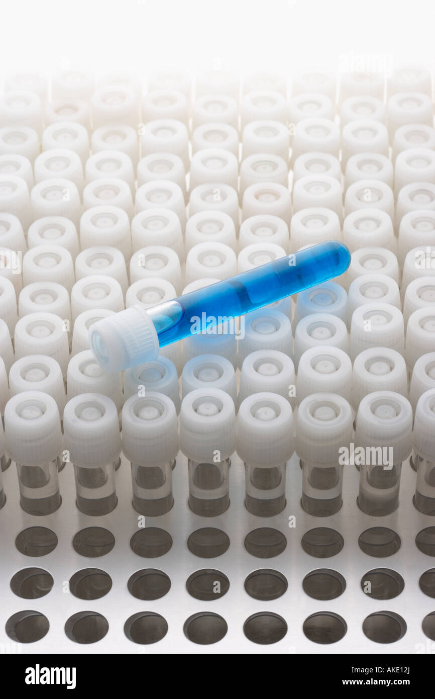 Blue test tube lying on empty test tubes Stock Photo - Alamy