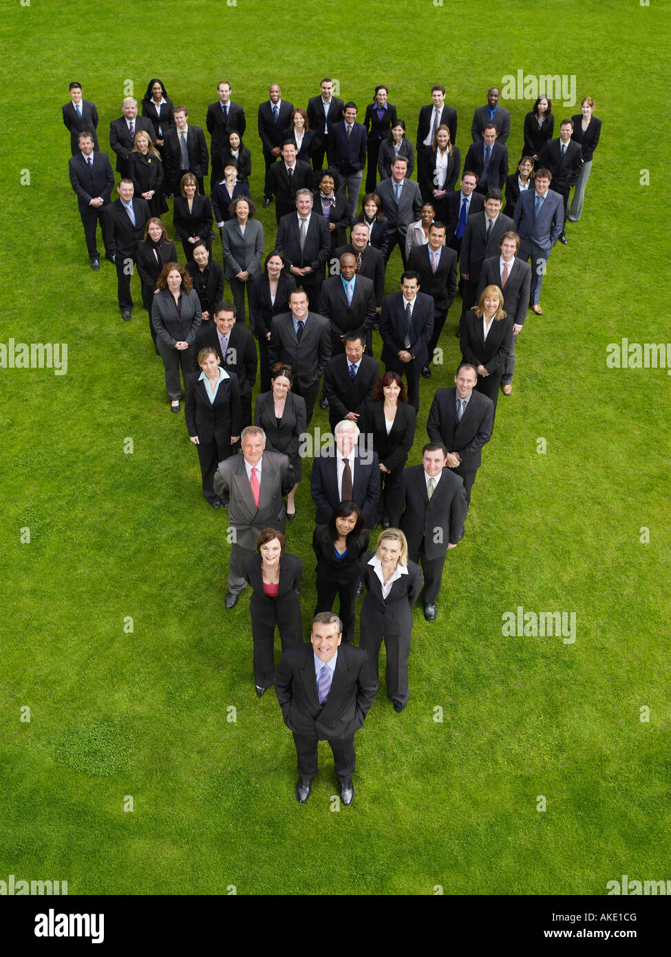 Large group of business people standing in triangle formation, elevated ...