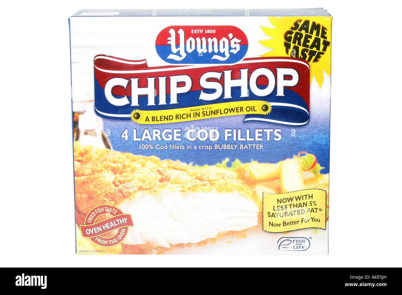 Cod fillets youngs chip shop fish battered box hi-res stock photography ...