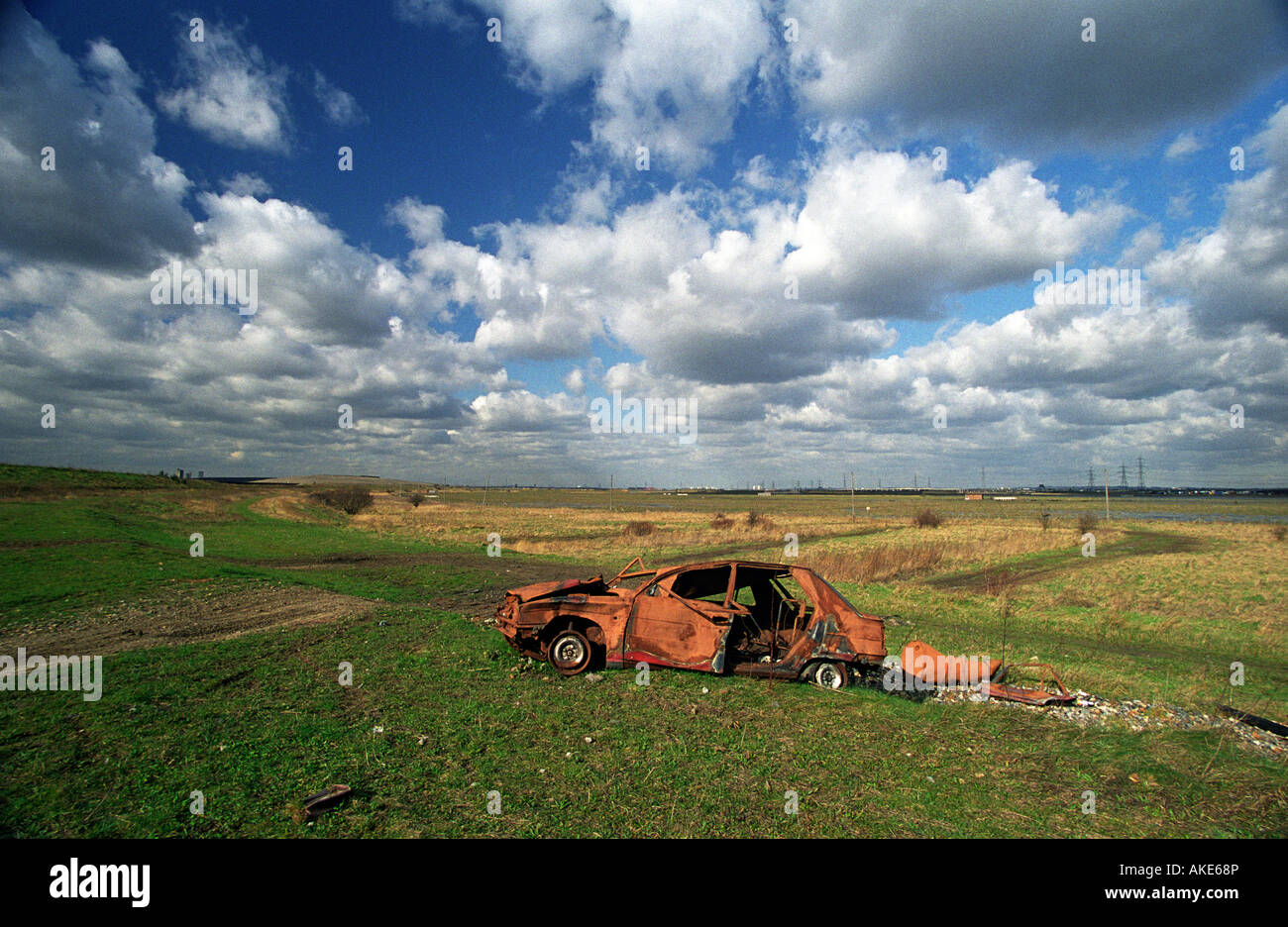 RAINHAM MARSHES RSPB RESERVE EAST LONDON UK DERELICT CAR 2007 Stock ...