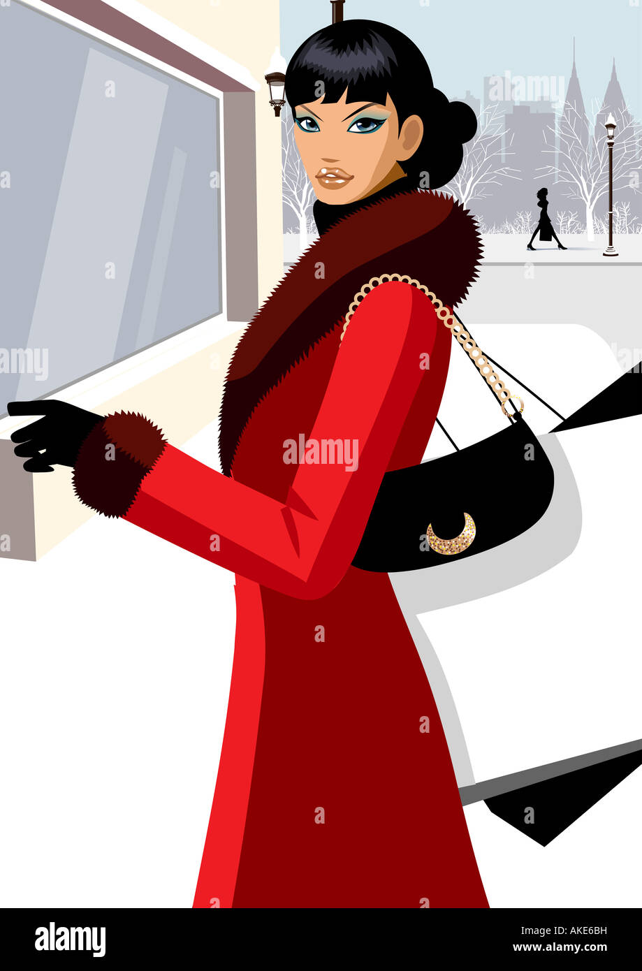 Side profile of a woman standing in front of a store Stock Photo - Alamy
