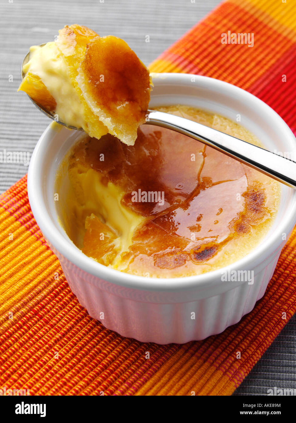 An individual orange creme brulee open vegetarian dessert editorial ...