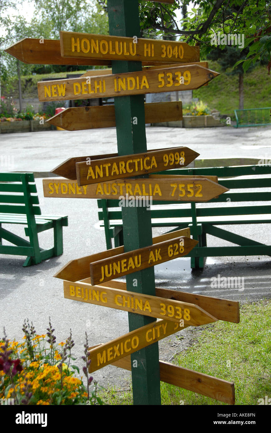 Distance signs markers in Pioneer Park Fairbanks Alaska Alaska Highway ...
