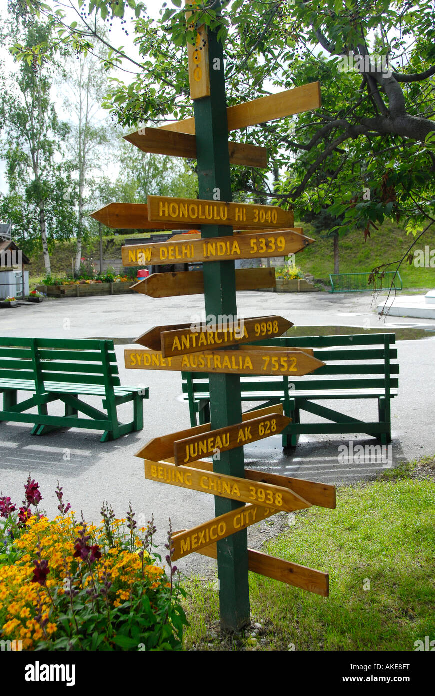 Distance signs markers in Pioneer Park Fairbanks Alaska Alaska Highway ...