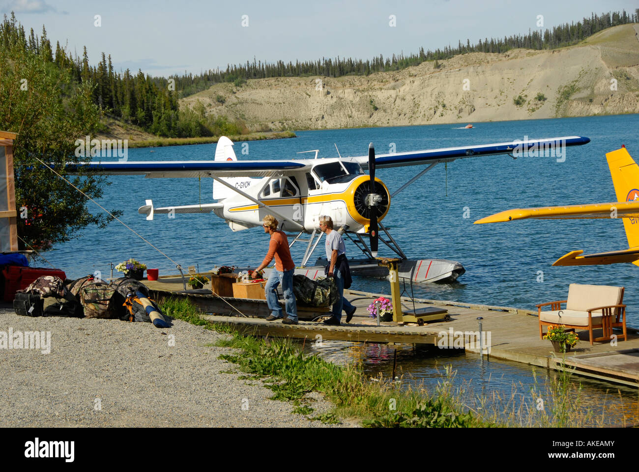 Float plane floatplane pontoon plane on Lake Schwatka Whitehorse Yukon ...