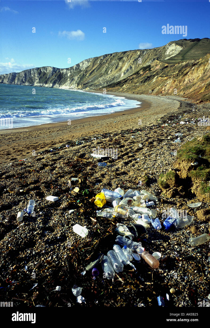 Plastic pollution at Worbarrow Bay, Nr Tyneham, Purbeck Hills, on the ...