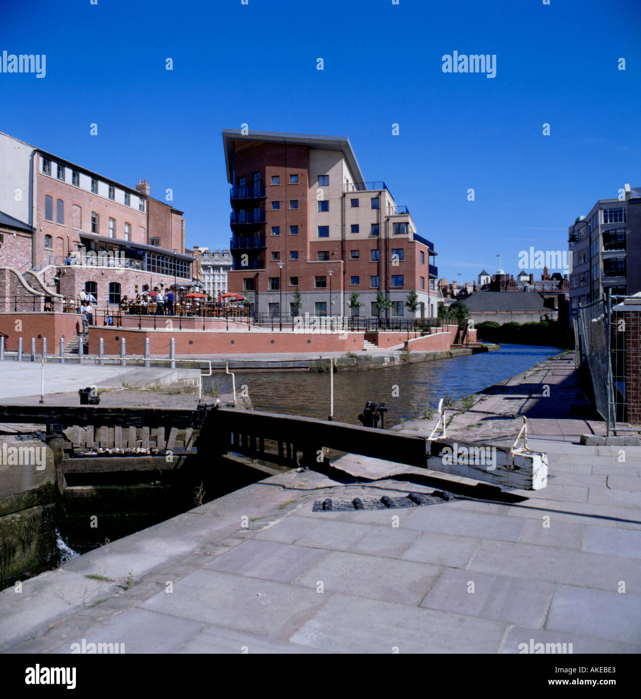 A new housing development seen over lock gates on the Rochdale Canal ...