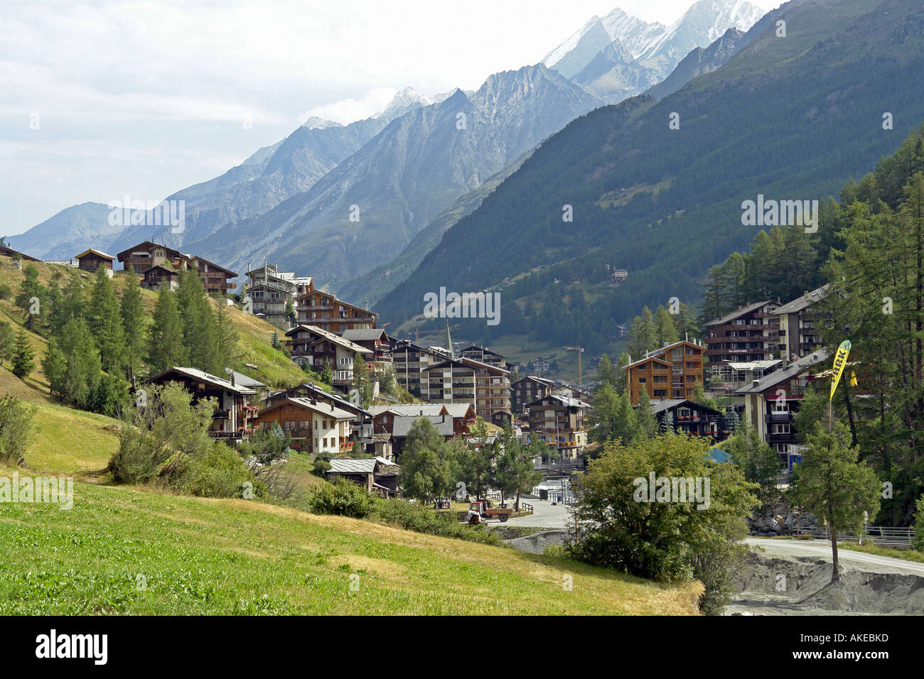 The west end of Zermatt in Switzerland with mountains around Dom in the ...