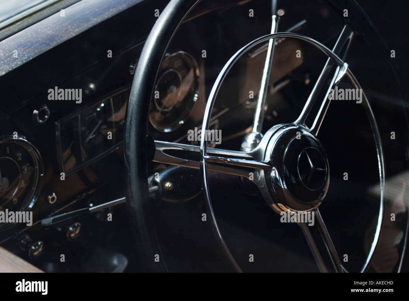 Old steering wheel in a classic car Stock Photo - Alamy
