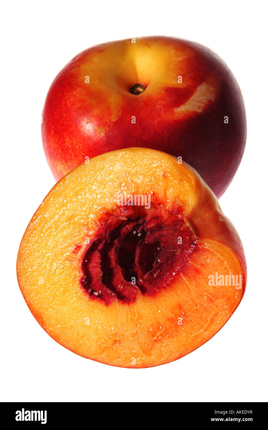 Closeup slice peach with seed on white background Stock Photo - Alamy